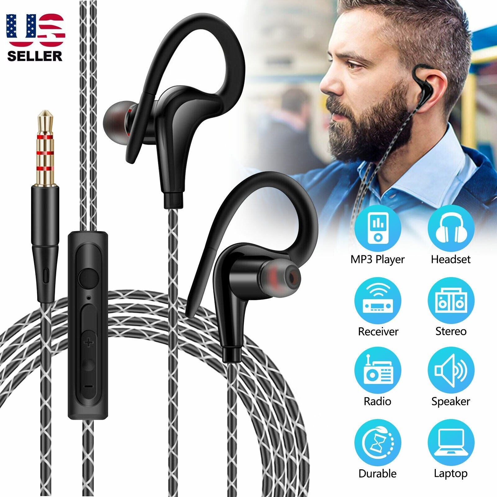 In-Ear Wired Sport Running Earphone Earbuds Over ear Hook Headphone w ...