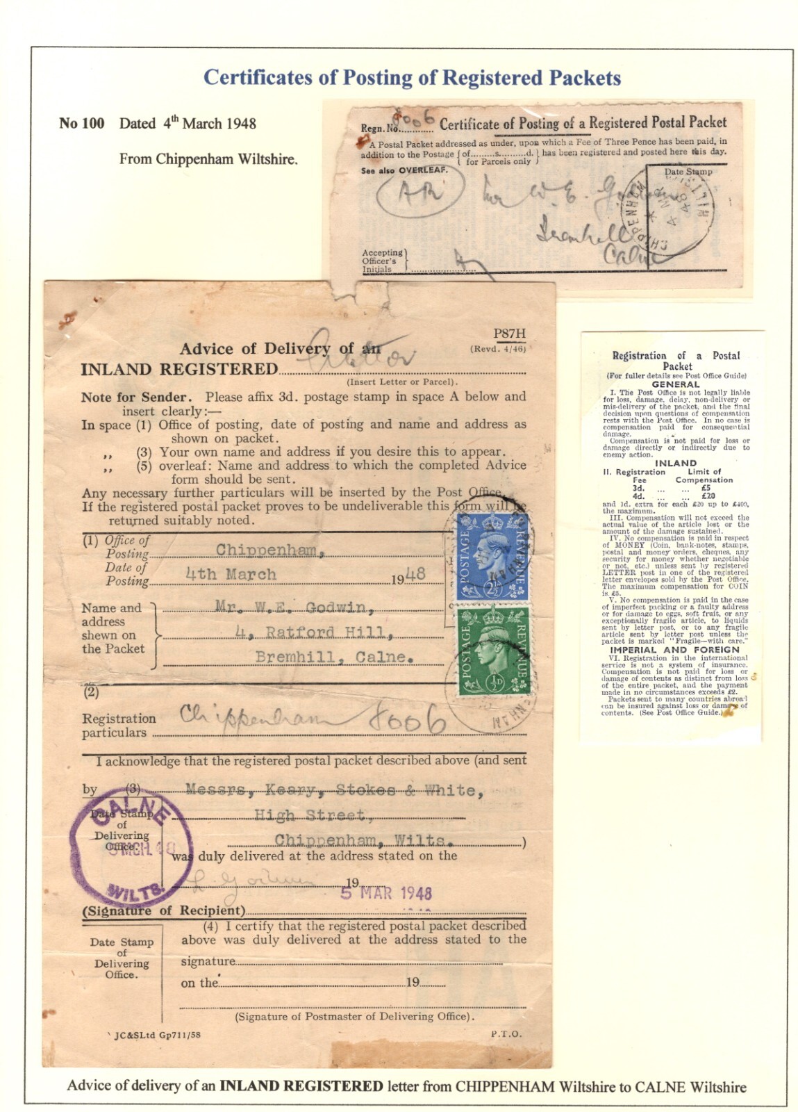 CERTIFICATE OF POSTING REGISTERED PACKET 21/2D 1/2D GVI CALNE 1948 ...
