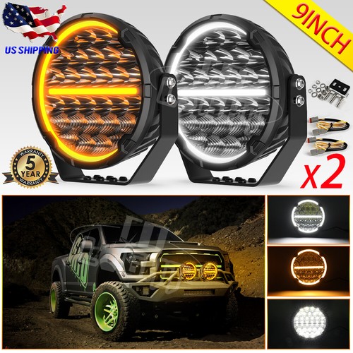 2PCS 9inch Round LED Driving Lights Dual Color DRL offroad Spot Flood ...