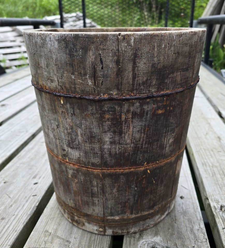 Antique Primitive Wooden Double Grain Measure Bucket with Wooden Staves ...