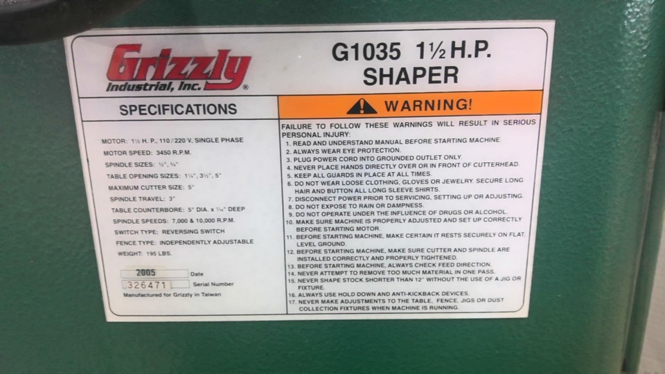 Grizzly G1035 1-1/2 Hp Shaper 110/220 V Single Phase | eBay