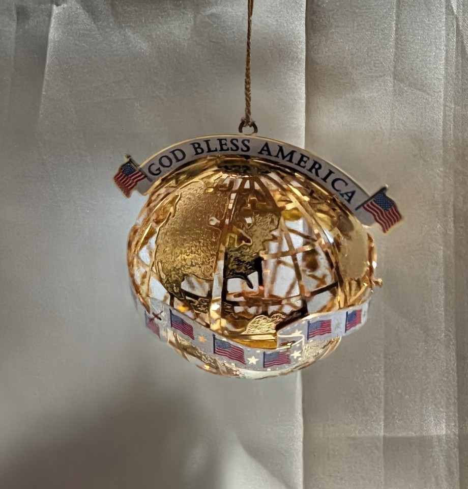 God Bless America Gold Tone Globe Ornament Flags Gift Box Patriotic USA ...