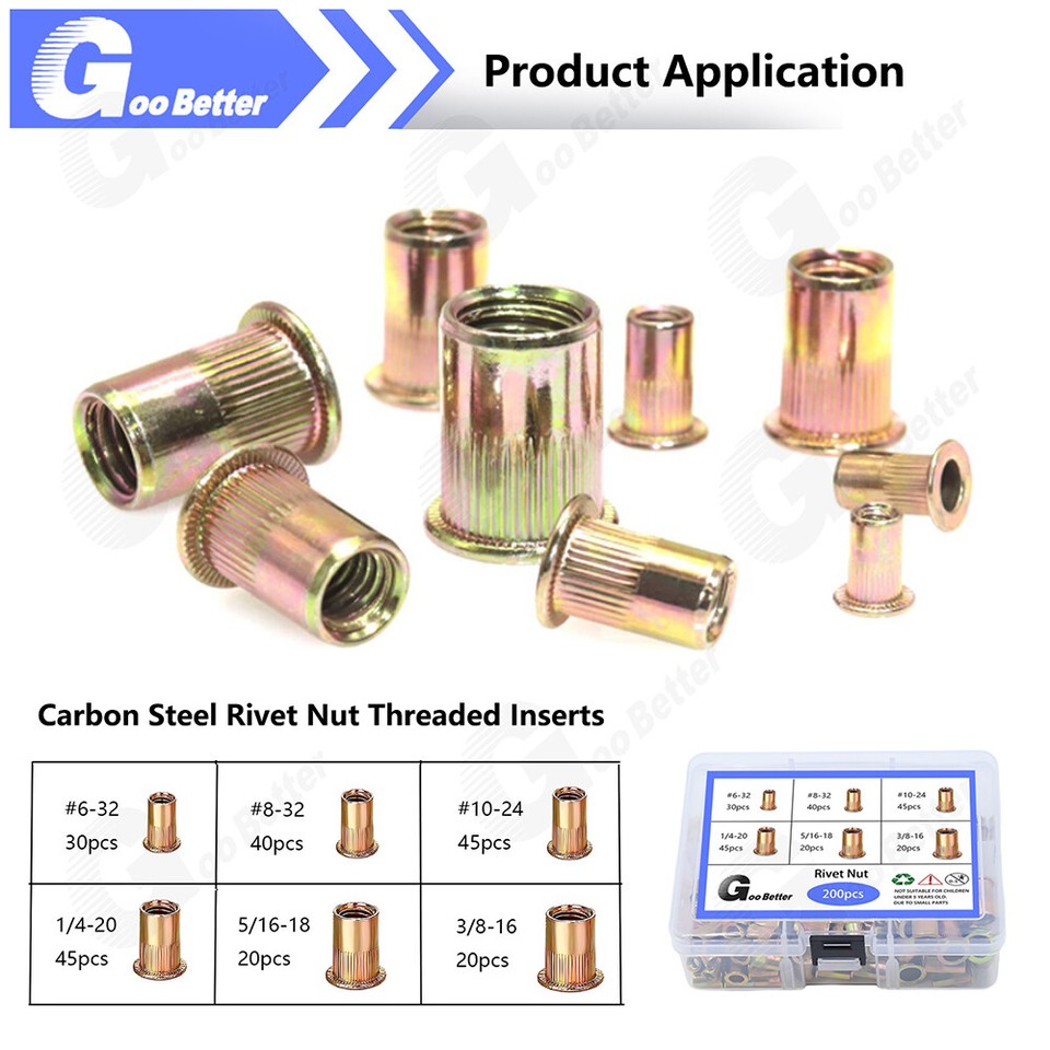 200Pcs Zinc Steel Flange Nutserts Rivet Nut Rivnut Nutsert UNC Threaded ...