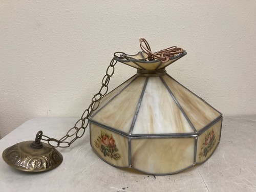 Vintage Leaded Glass Hanging Light Fixture Floral Decal | eBay