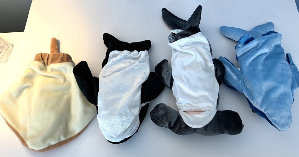 Four sea creature Dream hand puppets dolphin orca stingray hammerhead ...
