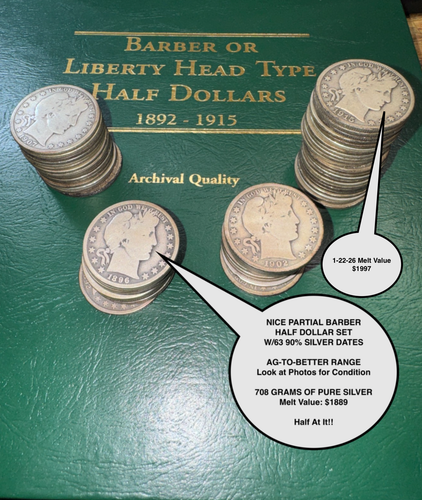 PARTIAL BARBER HALF DOLLAR SET 1892-1915 w/63 90% Silver Coins COBM ...