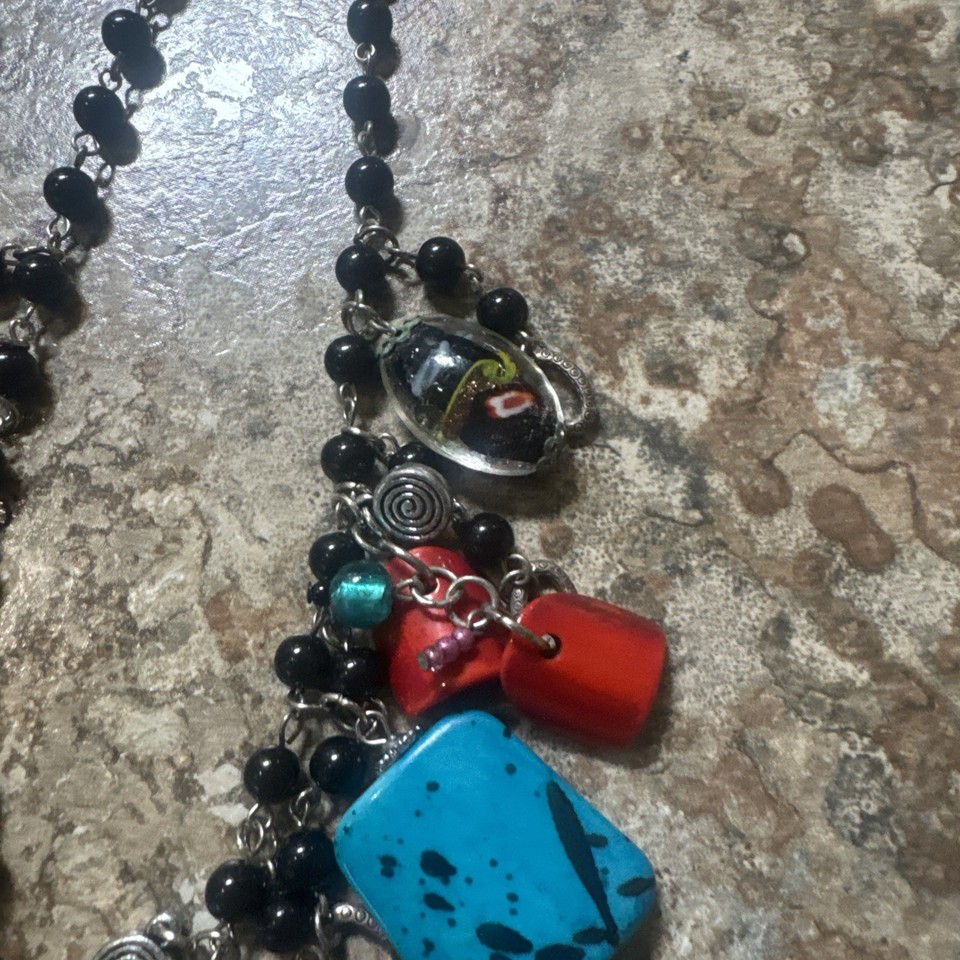 vintage treska glass bead stone necklace carnival murano disc blue ...