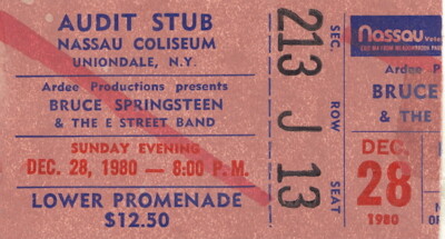 BRUCE SPRINGSTEEN 1980 THE RIVER TOUR NASSAU COLISEUM TICKET STUB / EX ...