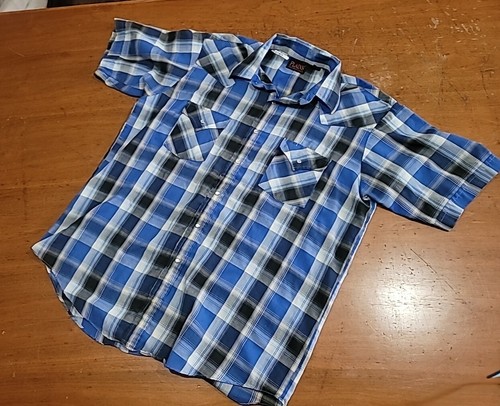 Plains Western Wear Shirt Mens Large Blue Pearl Snap Short Sleeve Plaid ...