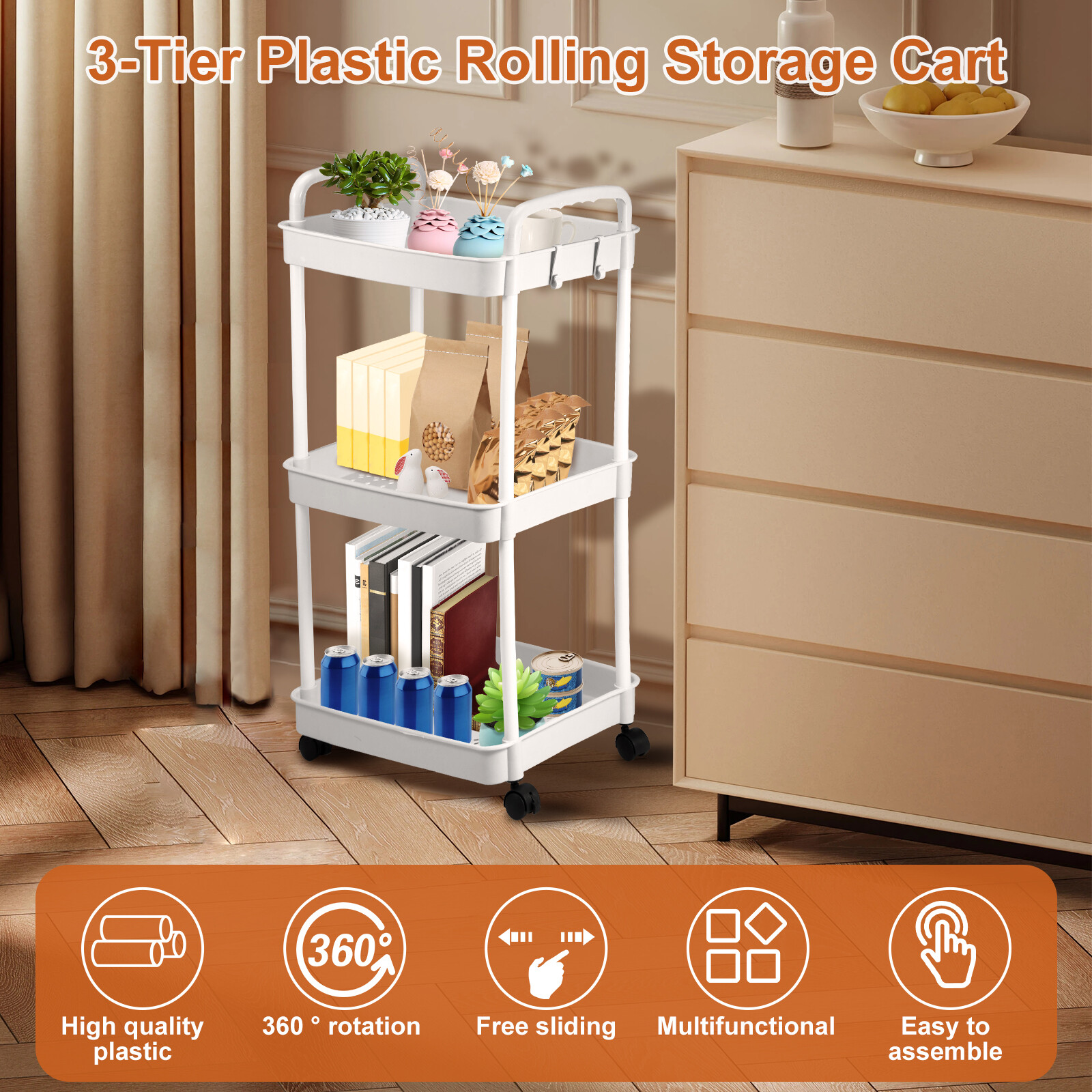 3 Tier Trolley Organizer Cart Utility Rolling Storage Rack Holder Space ...