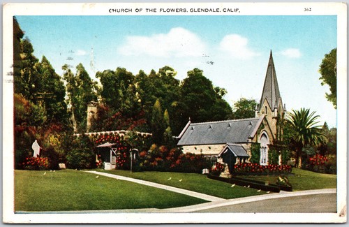 1931 Glendale CA-California, Church of The Flowers, Trees & Roadway ...