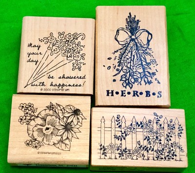 Wood Mounted Rubber Stamp Lot Of 4 HERBS Flowers Roses Scrapbooking ...