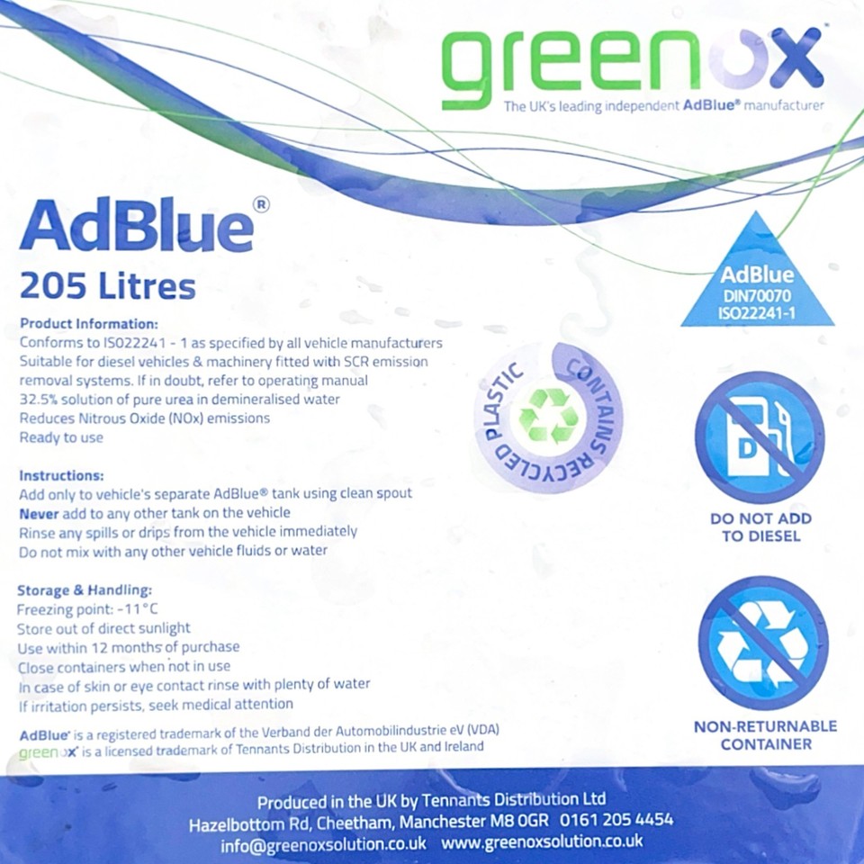 205L Greenox AdBlue ISO 22241 Euro 5/6 Commercial Universal Barrel ...