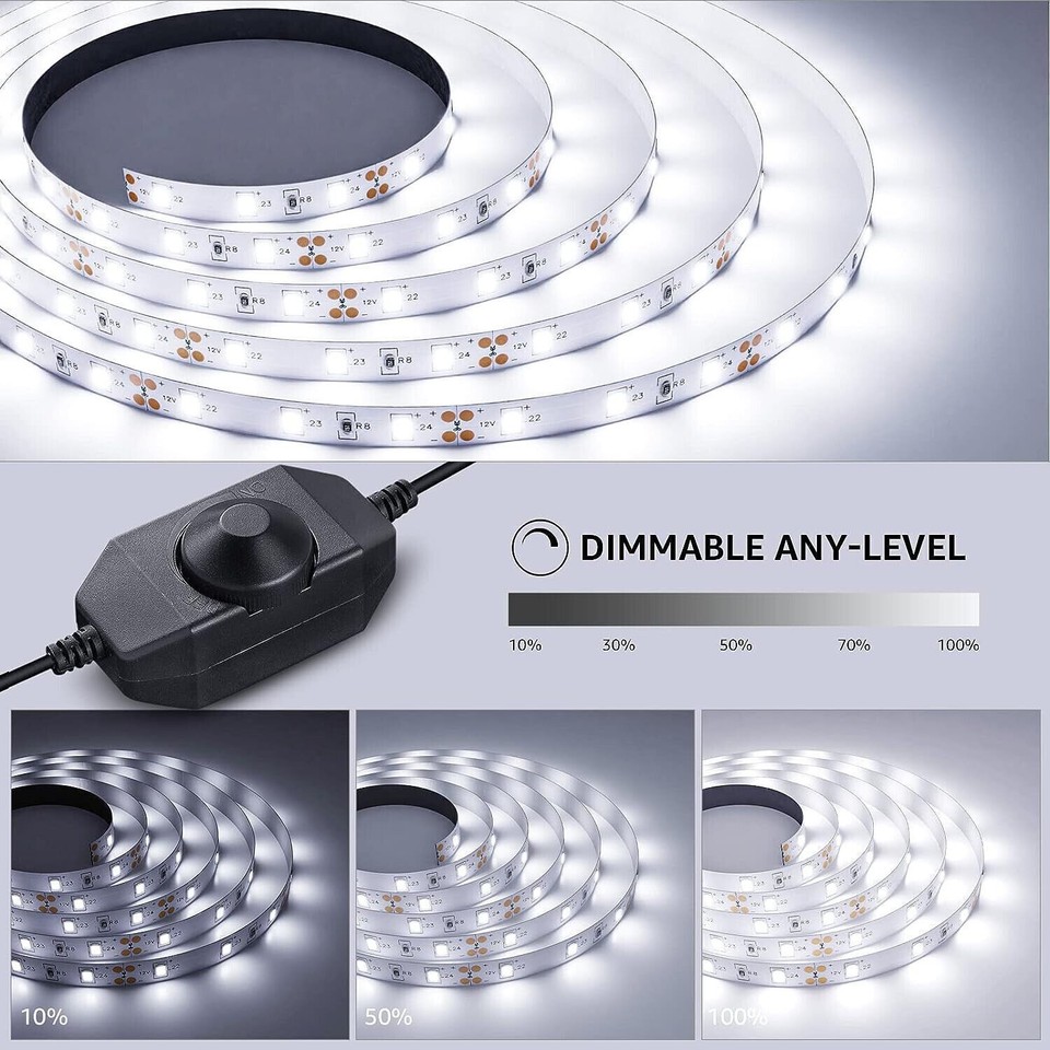 32.8FT 2835 Daylight White 6000K Super Bright LED Strip Dimmable Tape ...
