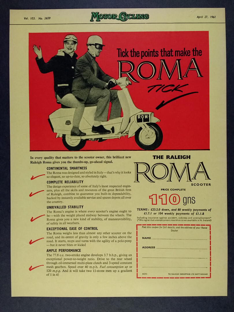 1961 Raleigh ROMA Scooter vintage print Ad | eBay