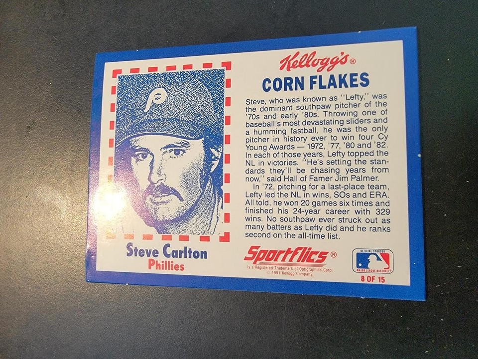 1991 Kellogg's Corn Flakes Baseball Greats Steve Carlton Philadelphia ...