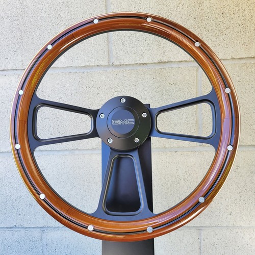 14" Black Billet Steering Wheel Real Mahogany Wood Aluminum Rivets GMC ...