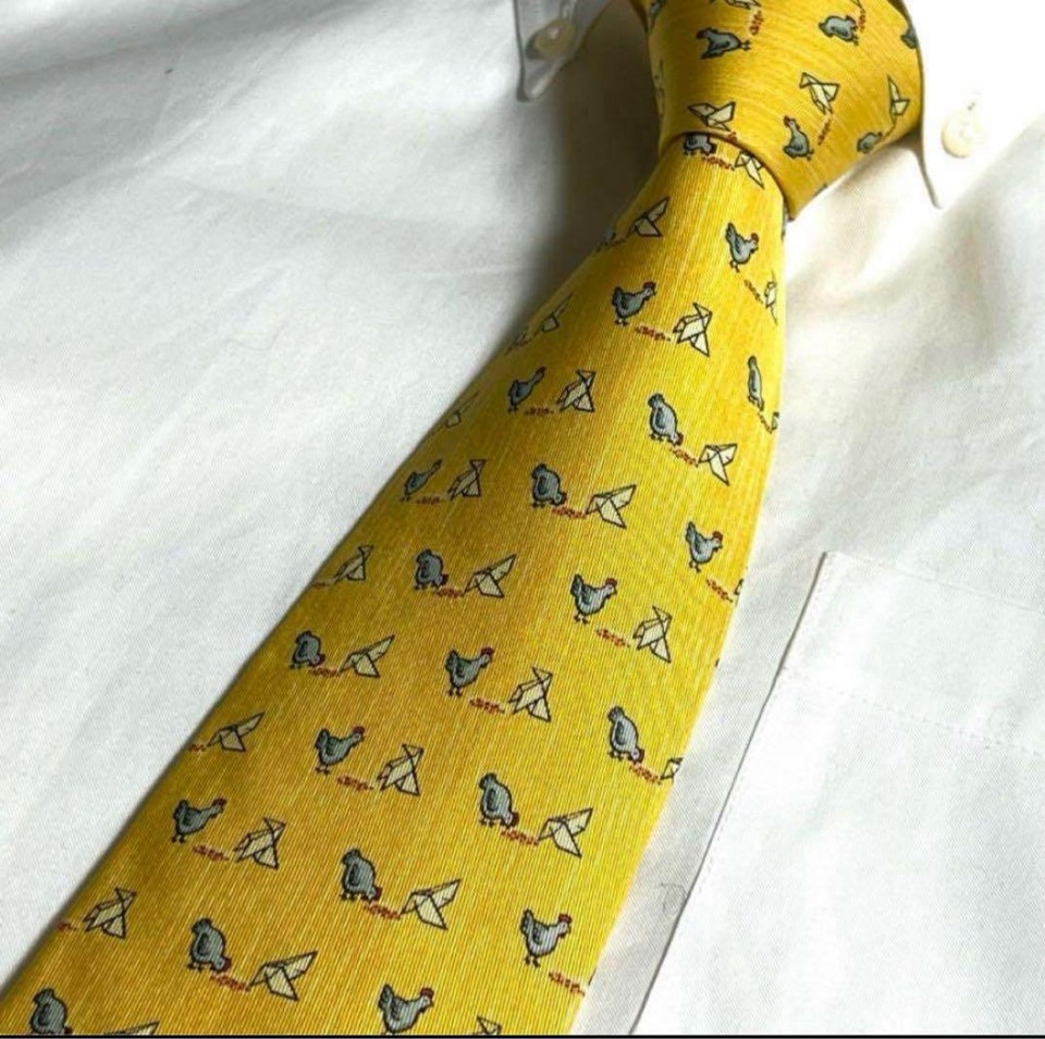 HERMES tie yellow origami pattern chicken pattern made in France all ...