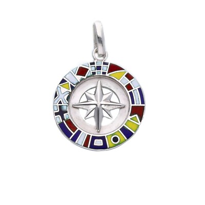 SOLID 18K WHITE GOLD COMPASS WIND ROSE PENDANT 20mm ENAMEL NAUTICAL ...