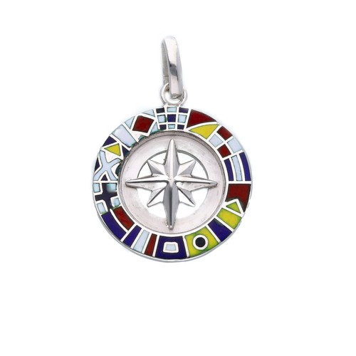 SOLID 18K WHITE GOLD COMPASS WIND ROSE PENDANT 20mm ENAMEL NAUTICAL ...