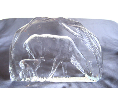 Vintage Viking Art Glass Ice Block Clear deer doe & fawn Paperweight | eBay