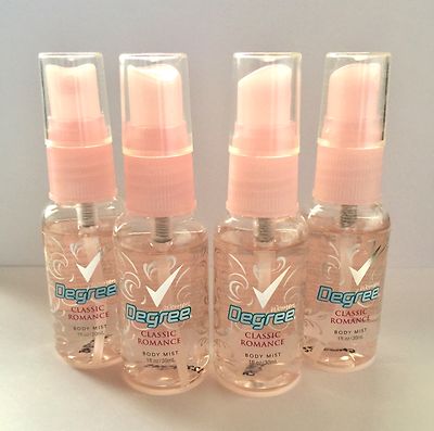 DEGREE BODY MIST SPRAY CLASSIC ROMANCE TRAVEL SIZE 4 PIECES 1 OZ. EACH ...