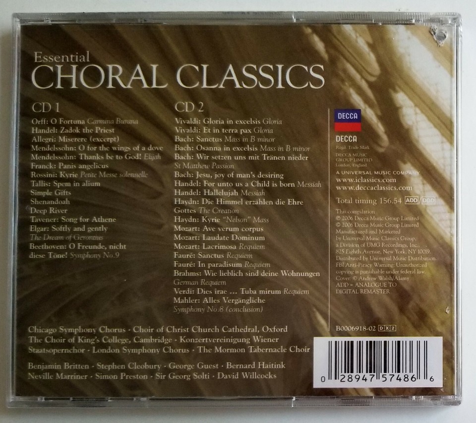 Essential Choral Classics - 2 Disc set Decca - BRAND NEW CDs ...