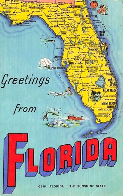 Florida State Map Key West Tarpon Fishing St Augustine Beach Vtg ...