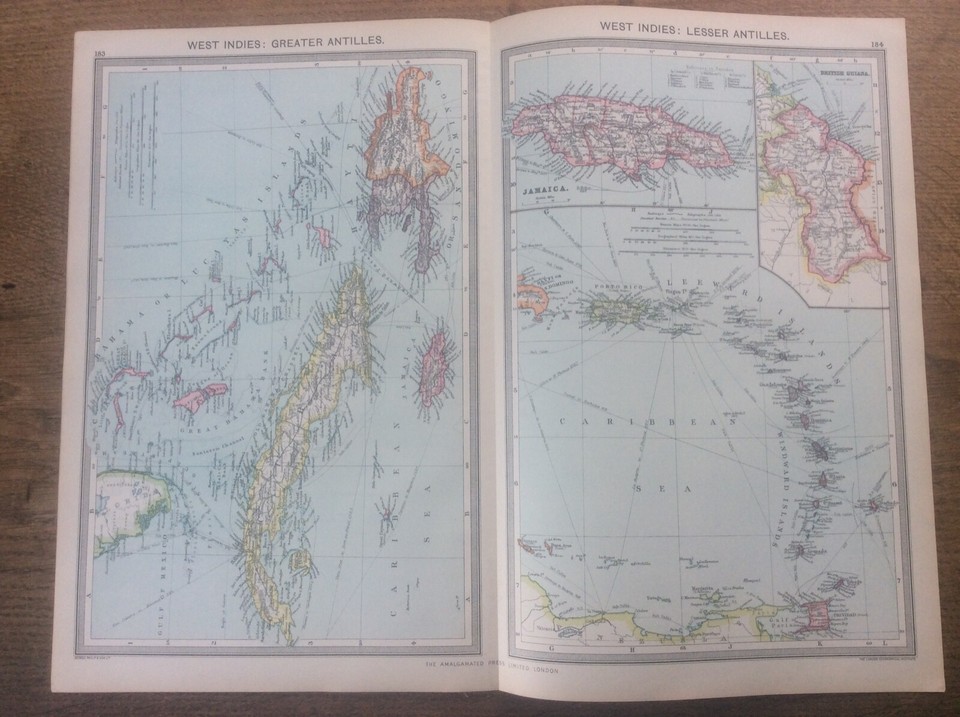 2 Antique colour Maps Mexico Central America West Indies c1904 ...