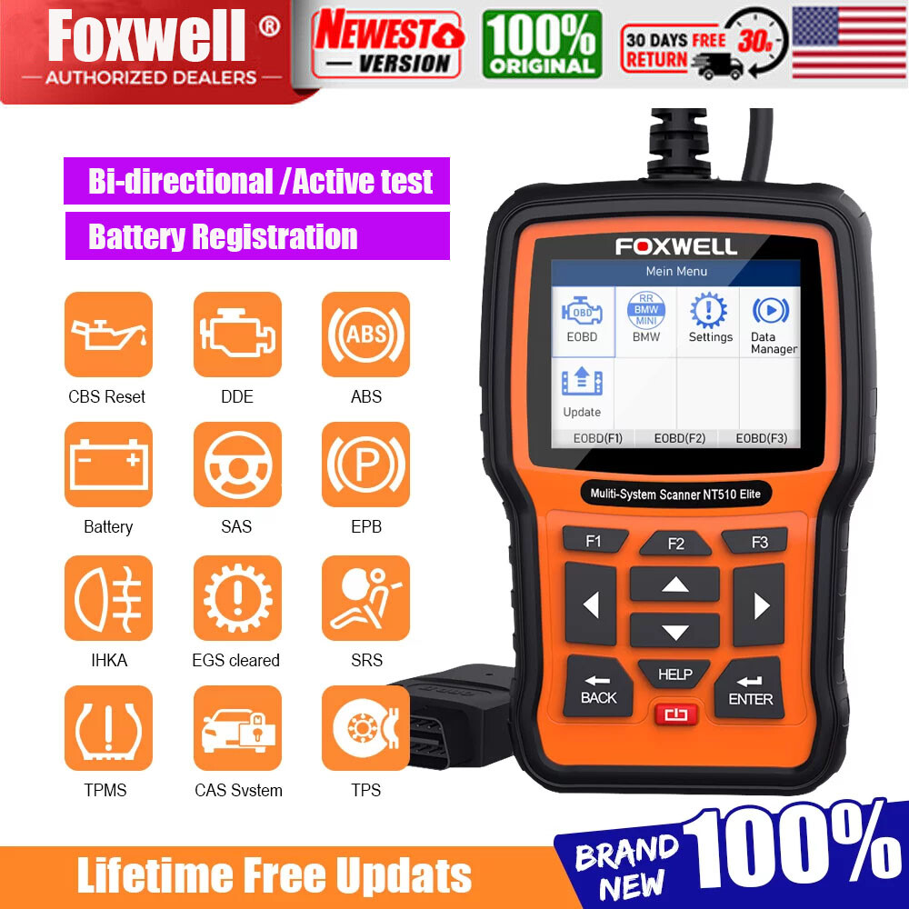 FOXWELL NT510E OBD2 Scanner Full Systems Car Scan Tool Bi-directional ...