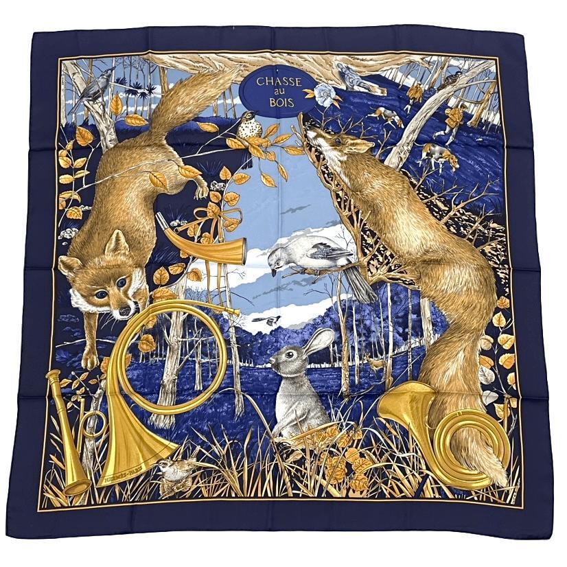 HERMES Scarf Carre 90 CHASSE au BOIS Fox Rabbit Dark … - Gem