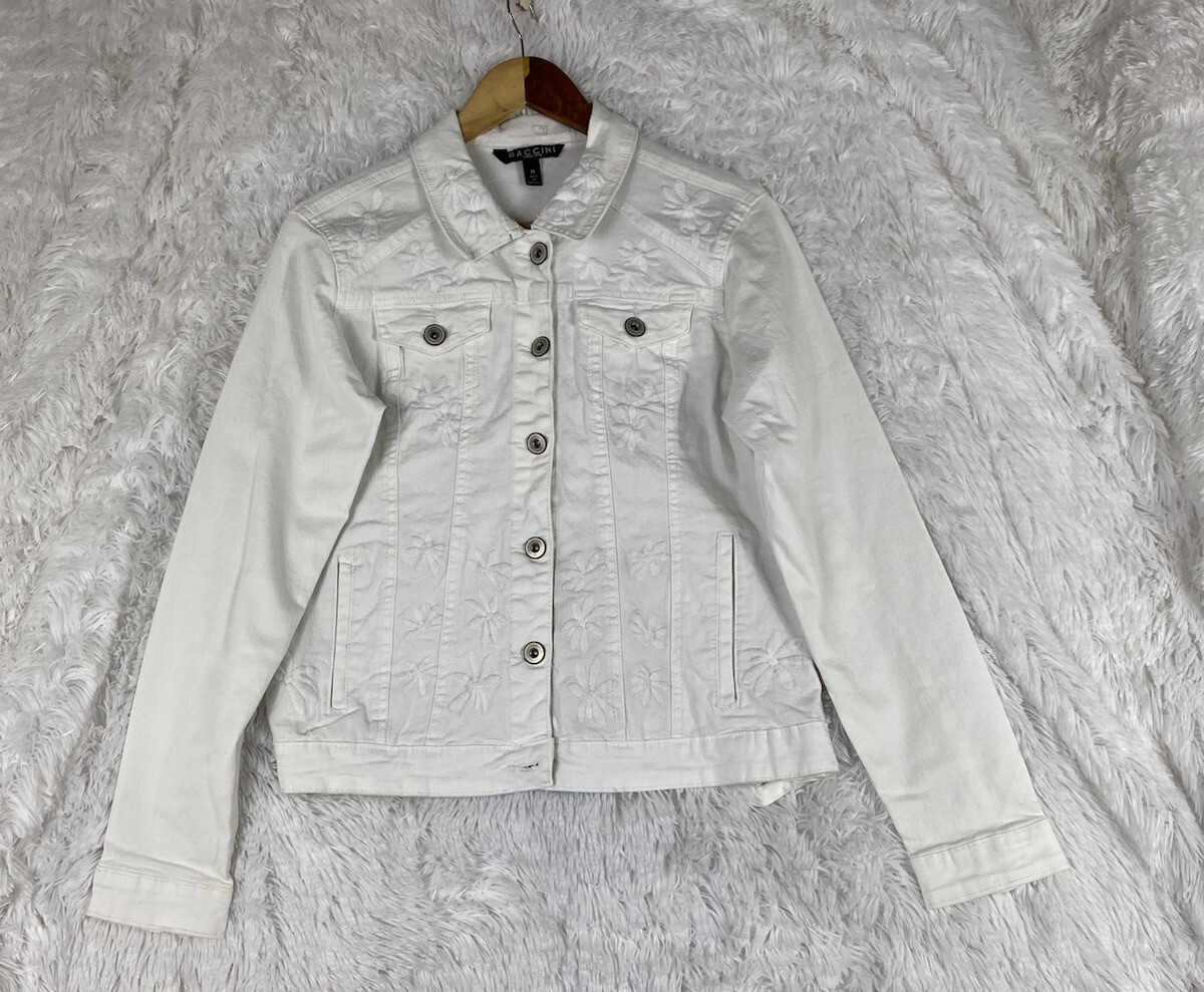 BACCINI Womens Size M White Stretch Denim Jean Jacket W/Buttons Floral ...