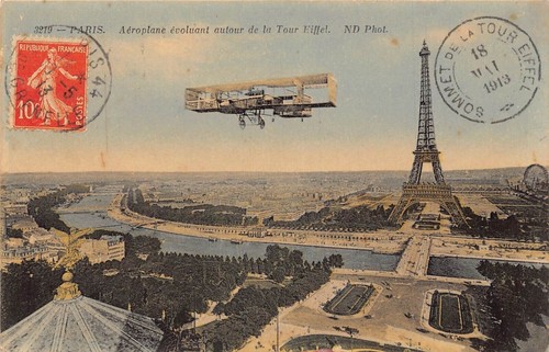 L027 France 1913 french biplane over Paris Eiffel Tower vintage ...