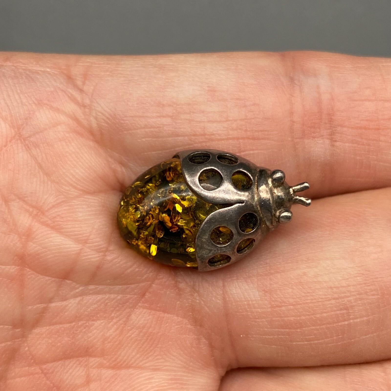 Vintage Ladybug Bug Amber Dimensional Sterling Silver… - Gem