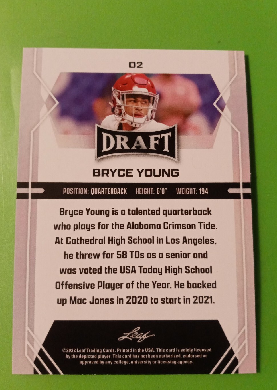 2022 LEAF DRAFT BRYCE YOUNG - ALABAMA CRIMSON TIDE D2 | eBay