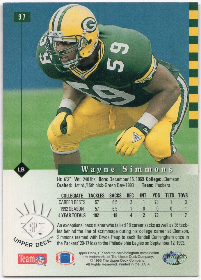 2PUR055 1993 SP #97 Wayne Simmons RC Green Bay Packers | eBay
