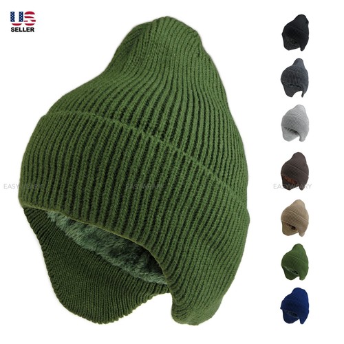 Winter Hat with Ear Flaps Sherpa Fur Lined Knit Beanie Ski Cap Thermal ...