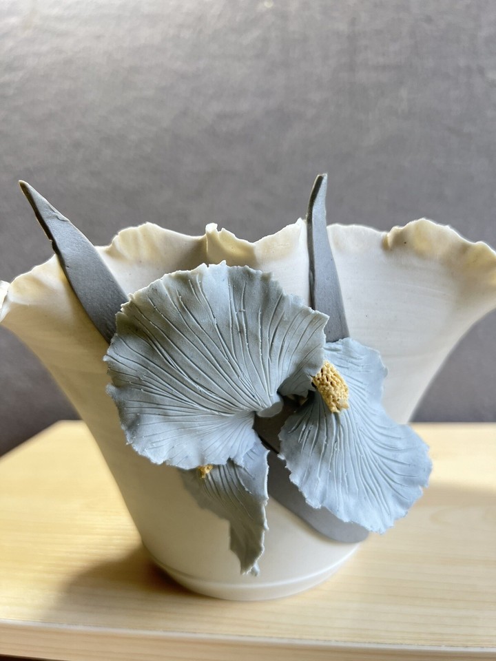 Beautiful Signed Clay Vase Vintage Iris Handmade Porcelain Delicate ...