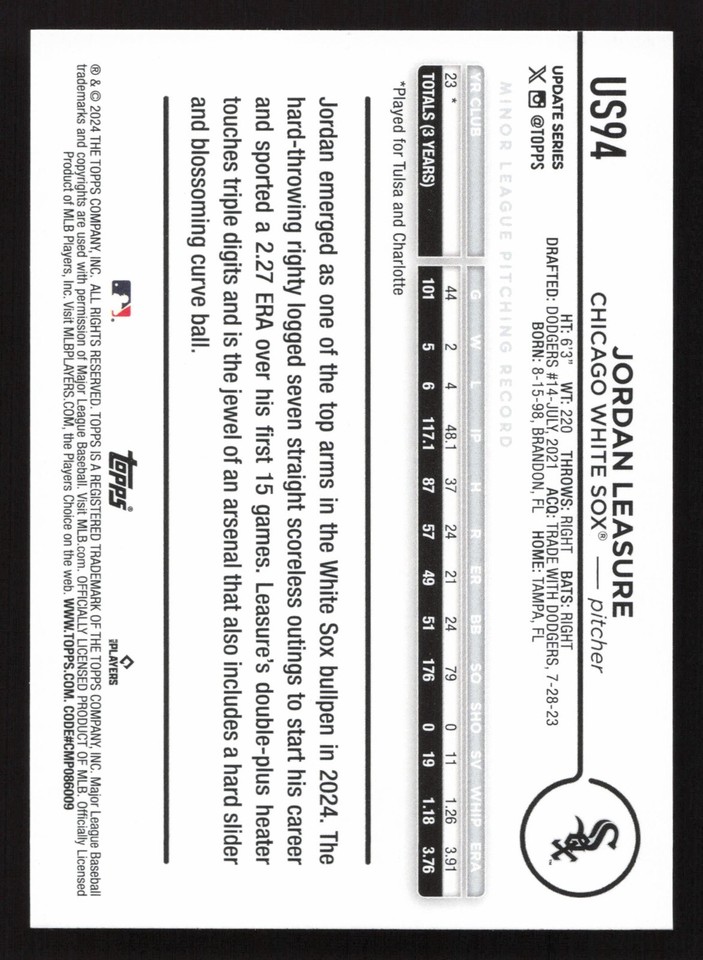 2024 Topps Update #US94 Jordan Leasure RC YELLOW Rookie Chicago White ...