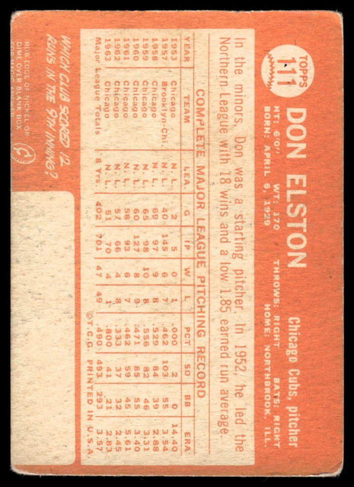 1964 Topps Don Elston #111 Chicago Cubs Baseball Card | eBay