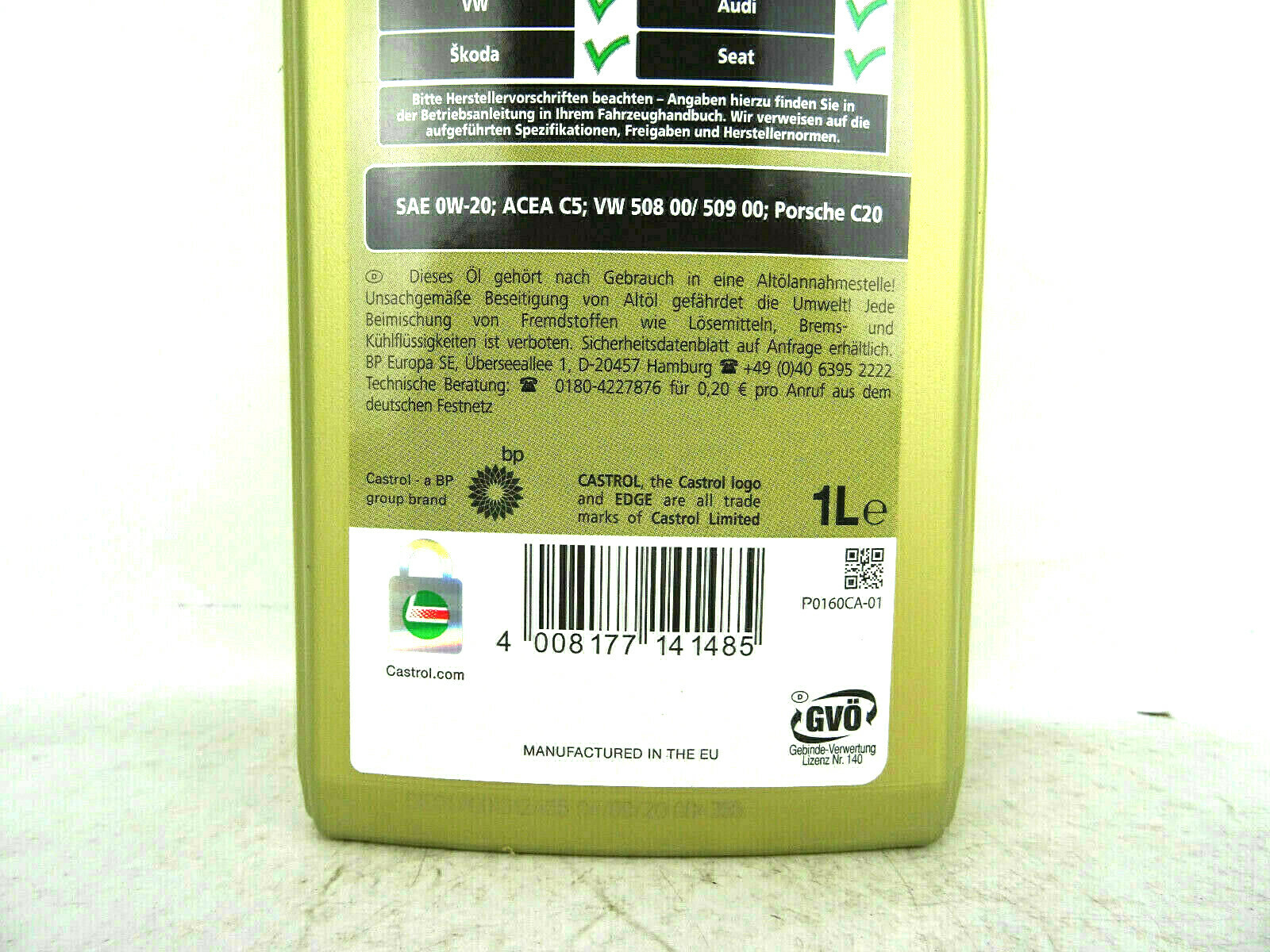 Castrol 0W20 LL IV Edge VW 508 00/50900 0W-20 Audi Seat Skoda VW 15B1B2 ...