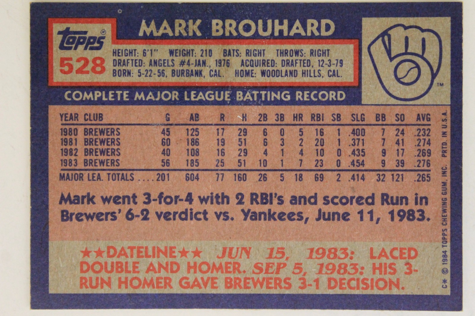 MARK BROUHARD Milwaukee Brewers Autograph 1984 Topps #528 Signed Card ...