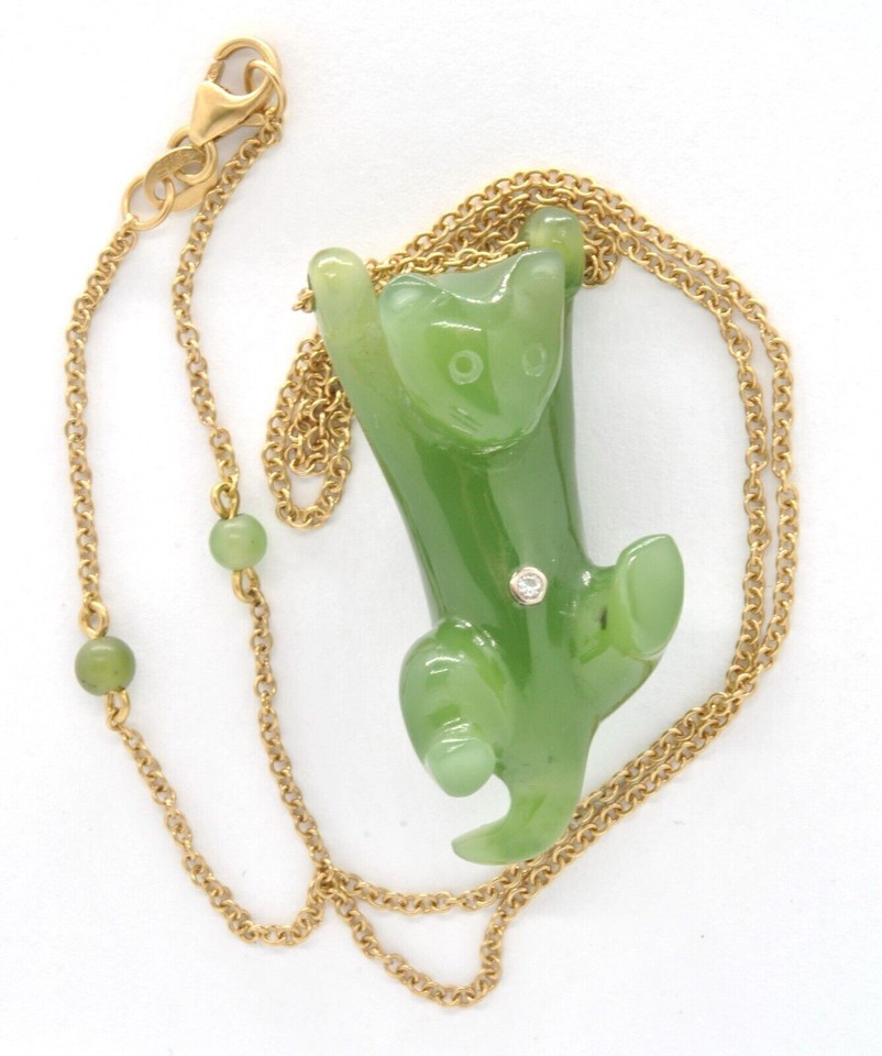 18k Yellow Gold Jade Kitten Cat Kitty Diamond Hanging Jade Pendant ...