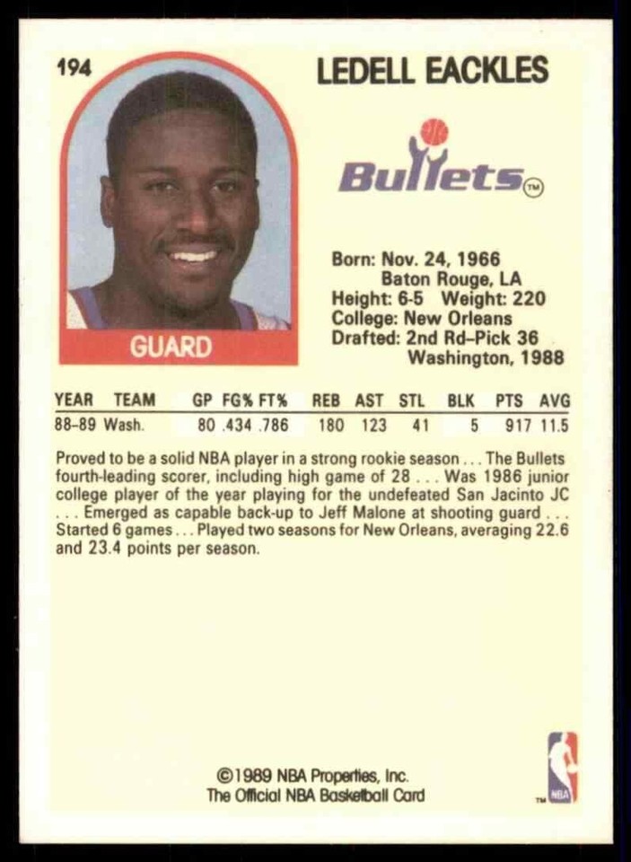 1989-90 NBA HOOPS Rookie Card #194 - LEDELL EACKLES - Washington ...
