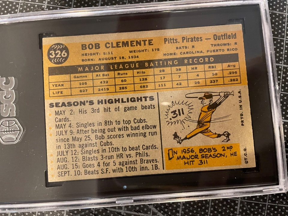 1960 TOPPS #326 ROBERTO BOB CLEMENTE PITTSBURGH PIRATES BASEBALL CARD ...