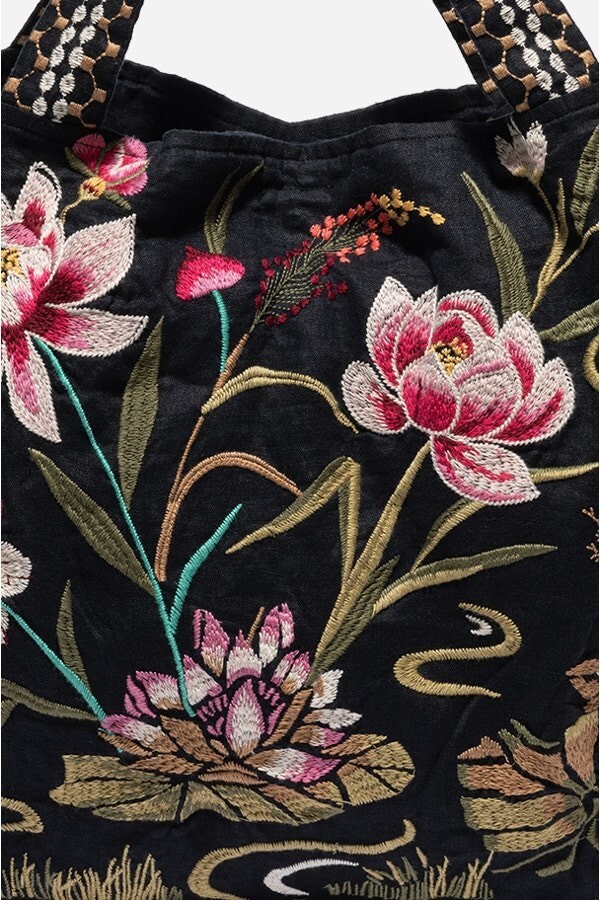 Johnny Was Maisie Linen Tote Bag Animal Floral Embroidery Black Handbag ...