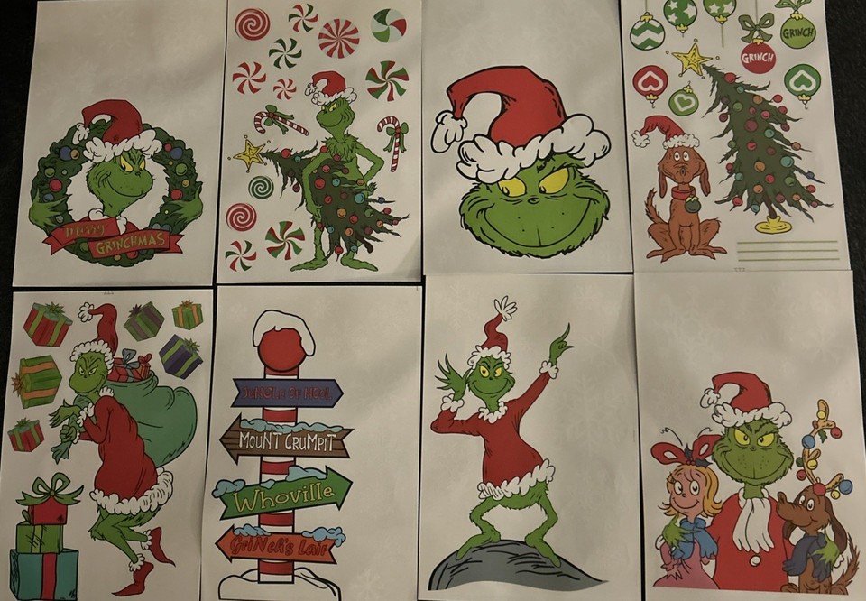 9 pc Grinch Window Car Office Classroom Clings Double Sided Snowflake ...