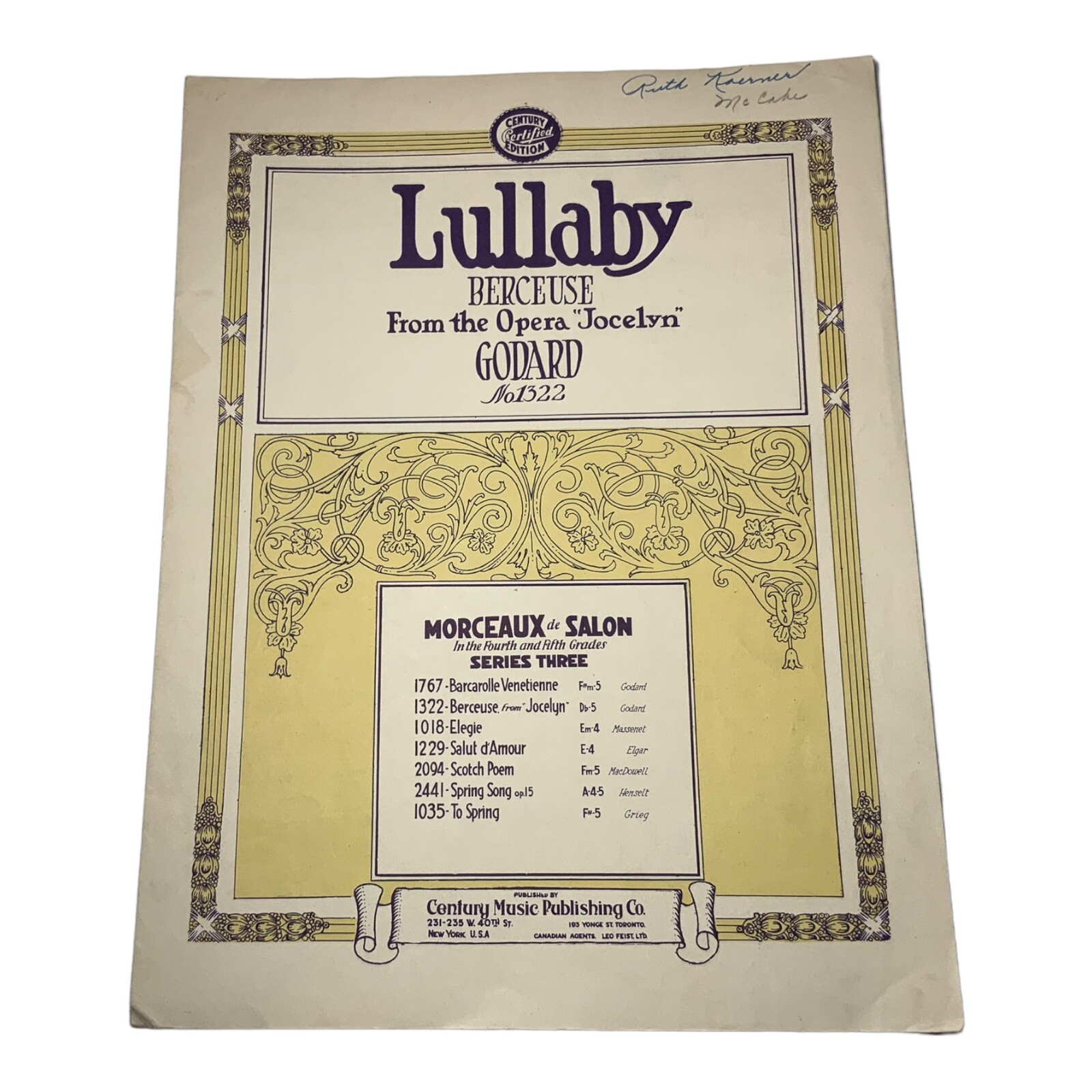 Lullaby Berceuse Opera Jocelyn Antique 1908 Sheet Music Benjamin Godard ...