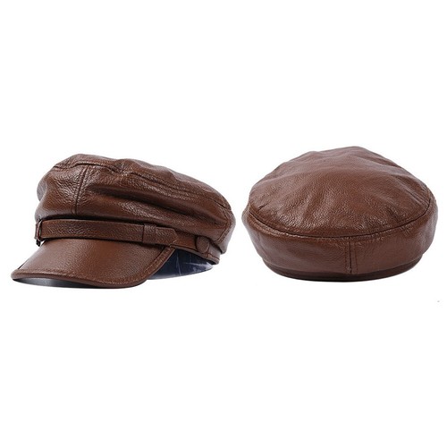 Real Leather Hat Cowhide Casual Hats For Men beret Flat Warm Biker ...