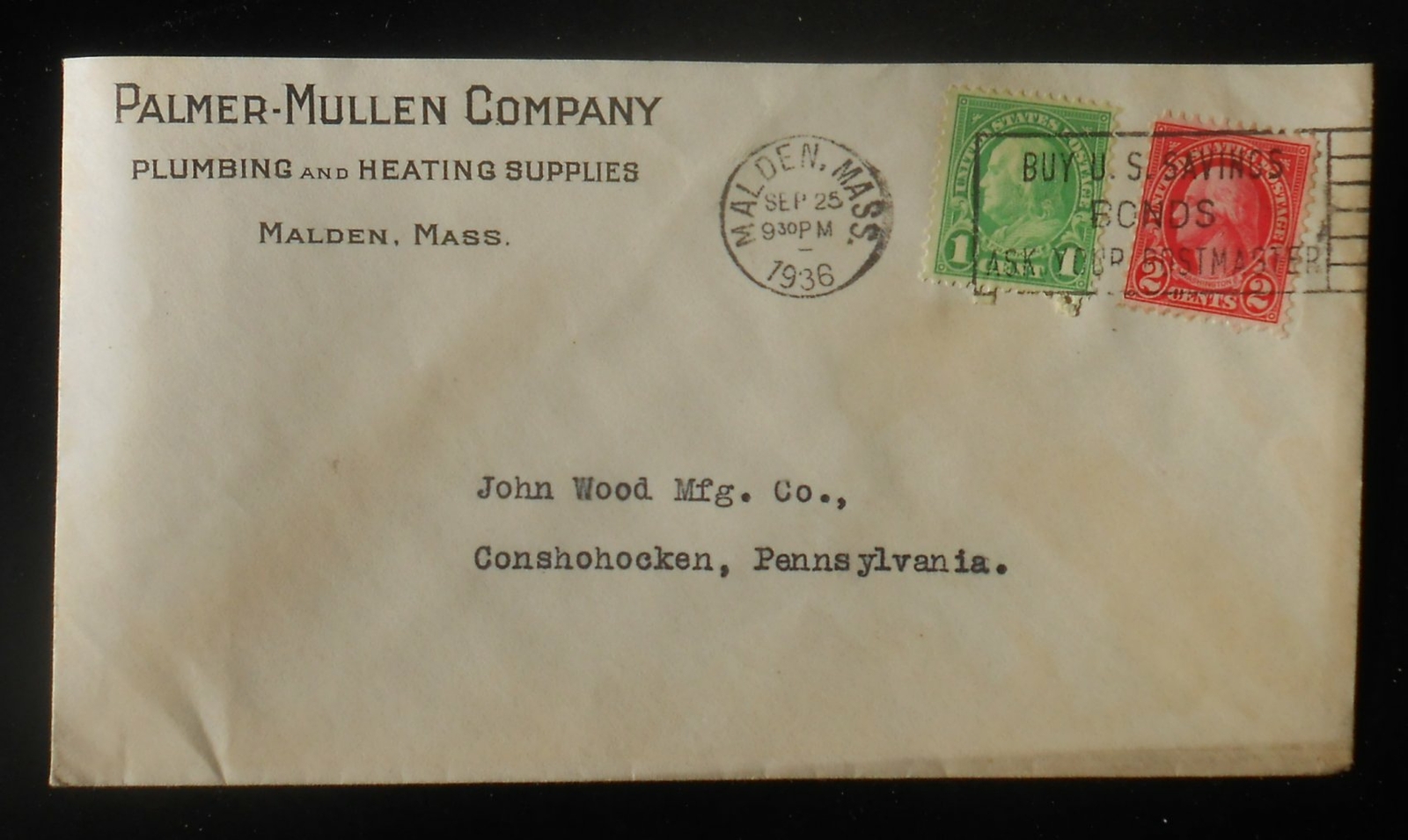 1936 POSTAL HISTORY Scott #634A Stamp Palmer-Mullen Plumbing Heating ...